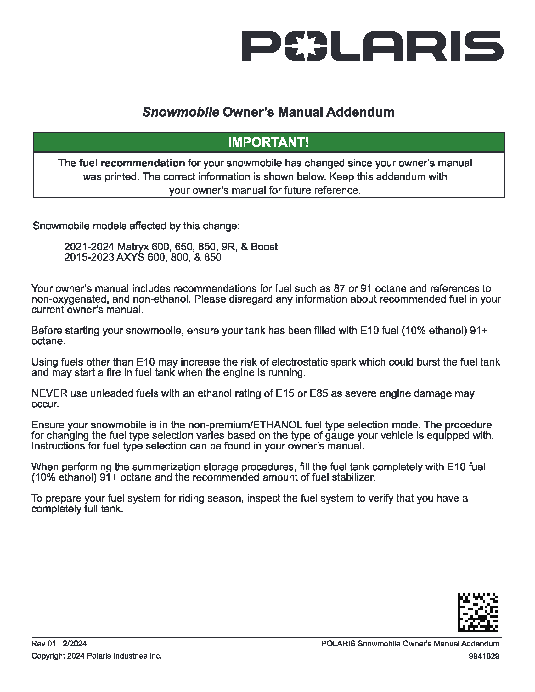 Snowmobile Safety Recall S-24-01 | Polaris Snowmobiles